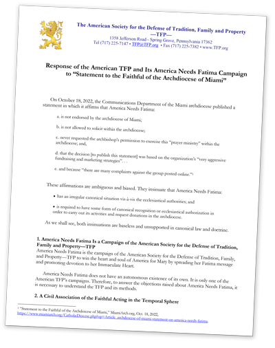 Response of the American TFP and Its America Needs Fatima Campaign to ...